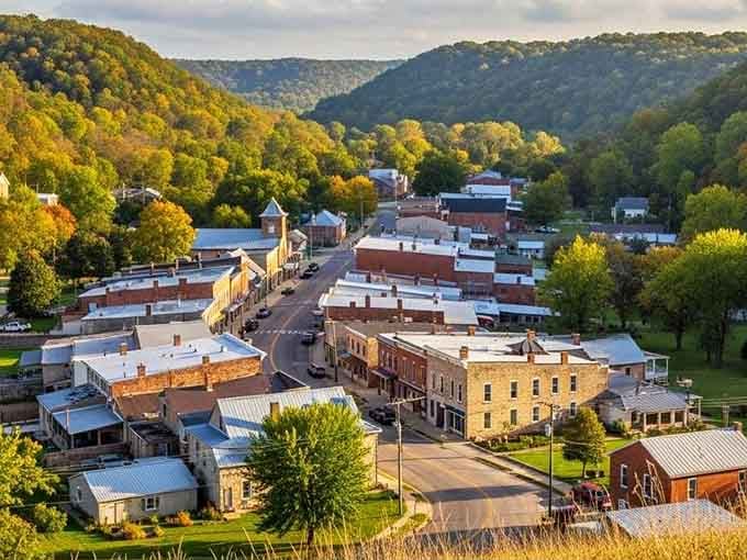 Elsah glows like a hidden treasure at golden hour, its limestone buildings and brick streets cradled by forested bluffs on all sides.