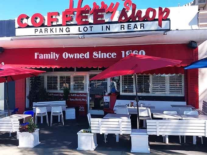 Harry's bold red exterior and cheerful outdoor seating in sunny La Jolla proves that a great neighborhood coffee shop is worth its weight in gold.