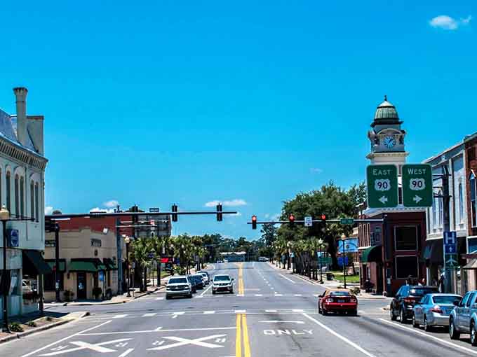 Live Oak's main street stretches toward a distant church steeple like a postcard from a slower, sweeter America.