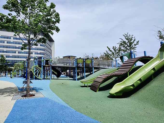 That green slide catches the light perfectly, practically begging kids to race down its smooth surface.