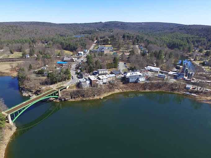 Narrowsburg's river view reveals a small town nestled between water and hills, untouched by the rush of modern life.