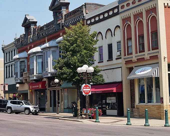 Ornate rooflines, striped awnings, and a globe streetlamp straight out of a storybook &mdash; New Ulm's downtown is architectural eye candy from every angle.