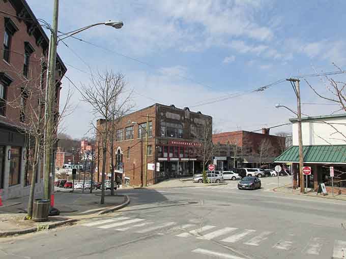 Brick buildings glow golden in the winter light as Putnam's compact intersection buzzes with the quiet, creative energy of a town that punches well above its weight.