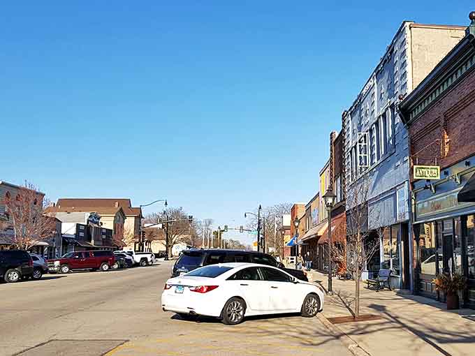 Rockton's winter main street has a stripped-down honesty to it, bare trees and antique shop signs keeping each other quiet company.