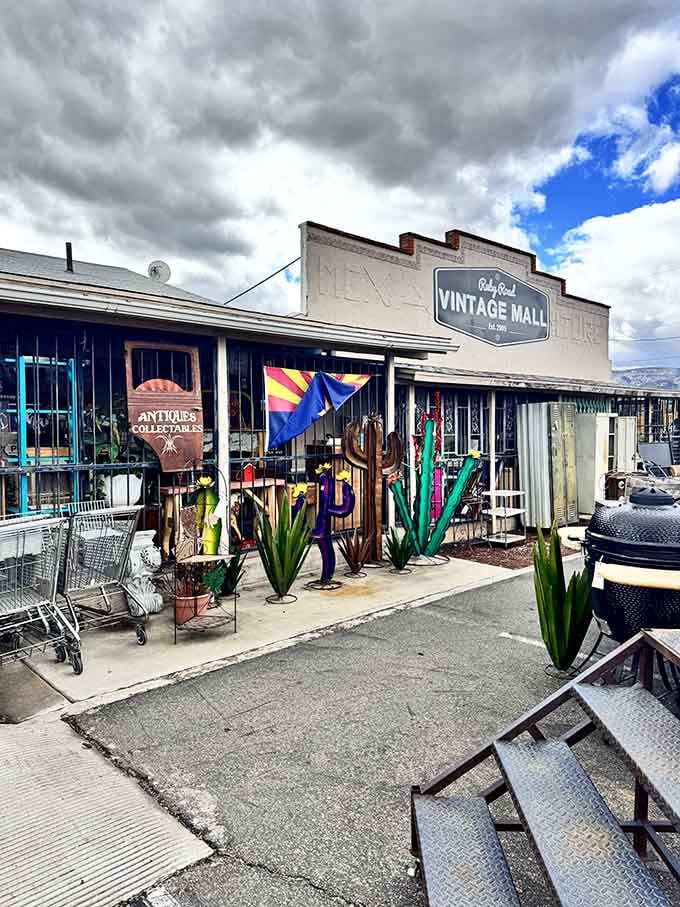Dramatic clouds frame the vintage building like nature's own spotlight, highlighting this destination for serious treasure hunters statewide.