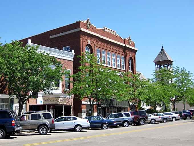 That ornate red brick facade and the gazebo tower beside it make Marshall's downtown genuinely hard to leave.