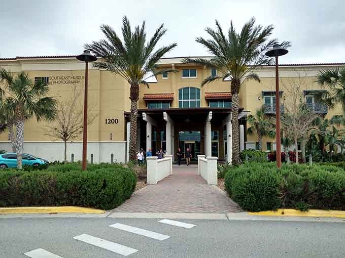 Tall palms frame the Southeast Museum of Photography's welcoming entrance, setting a relaxed tone for serious artistic discovery inside.