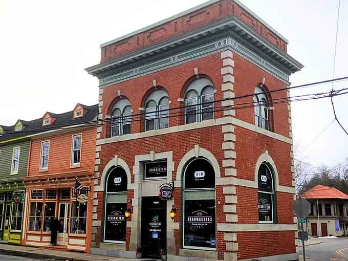 Victorian-era brick architecture with grand arched windows shows Sykesville's commitment to preserving its railroad heritage beautifully.