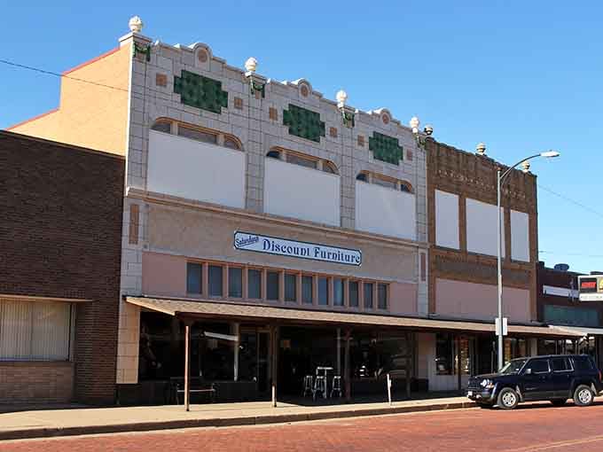 That decorative tilework crowning Childress's discount furniture building deserves far more attention than it's currently getting.