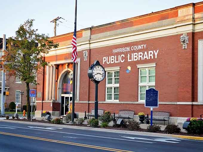 The Harrison County Public Library wears its civic pride on its brick facade, complete with a clock that's probably never wrong.