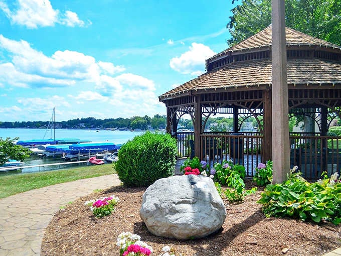 A rustic lakeside gazebo, colorful blooms, and sailboats bobbing in the distance — Culver's waterfront is genuinely hard to leave behind.