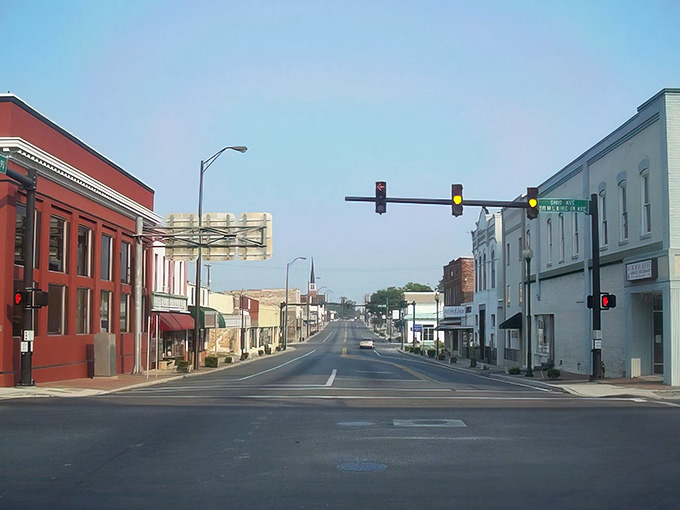 Brick facades and a less crowded intersection — Live Oak's downtown street is quiet and completely irresistible.