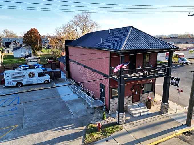 This handsome two-story brick building with a food truck parked outside means serious, delicious business in New Boston.