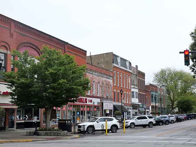 Oberlin's main street mixes colorful storefronts and warm brick facades into a downtown that feels genuinely lived-in and loved.