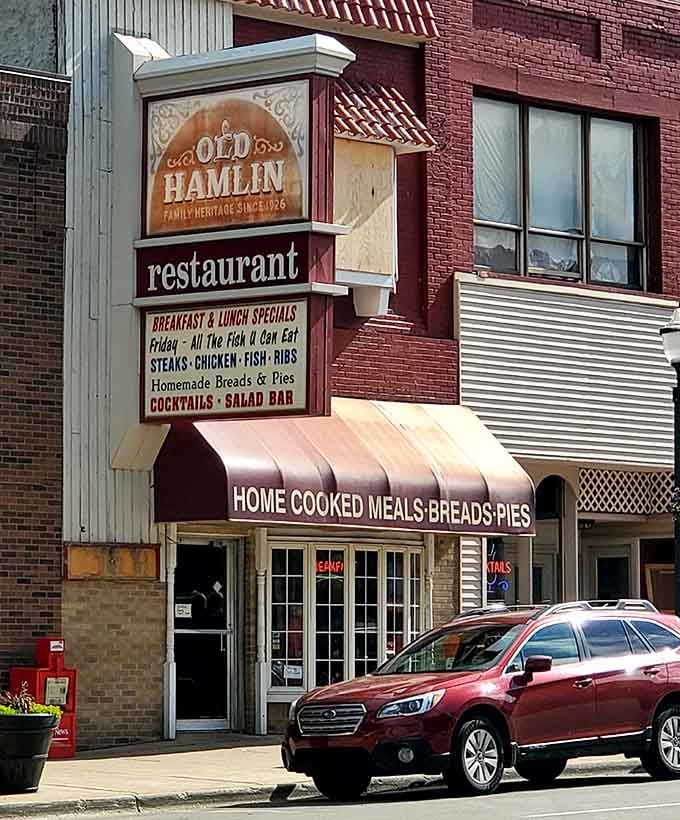"Home Cooked Meals, Breads, Pies" on the awning &mdash; the Old Hamlin's copper-toned signage is practically singing your name.
