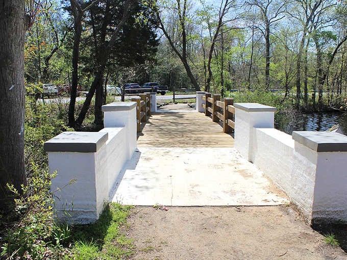 A freshly painted footbridge crosses the waterway at Parvin State Park, offering a cheerful invitation to explore what's just beyond.
