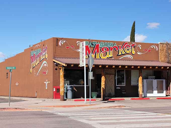 That hand-painted Patagonia Market sign is so cheerful and bold, it could single-handedly brighten anyone's Tuesday morning.