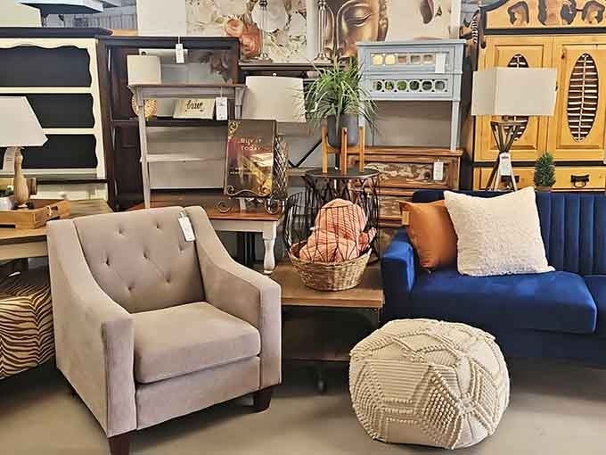 Modern comfort meets vintage charm in this thoughtfully arranged display where past and present shake hands and become friends.